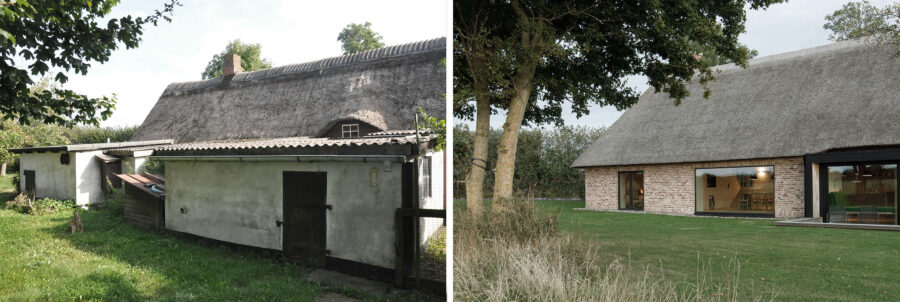 茅葺き屋根とレンガ壁に黒いフレームを挿入した“現代的な“田舎の家!?ヤン・ヘンリック・ヤンセン・アーキテクツとマーシャル・ブレッシャーが築120年のコテージを改修した〈ニービー・クロフターズ ...